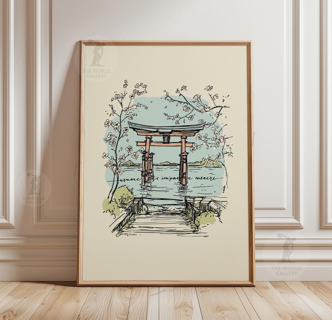 Japanese Torii Gate Print | Mount Fuji, Cherry Blossoms, Serene ...