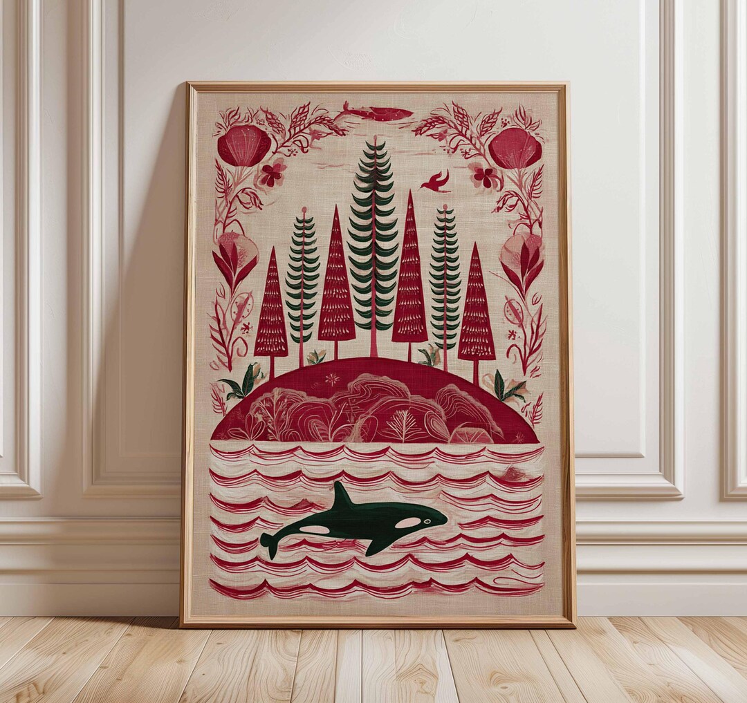 Orca Whale Wall Art Print, Coastal Nature Poster With Ocean, Forest and ...