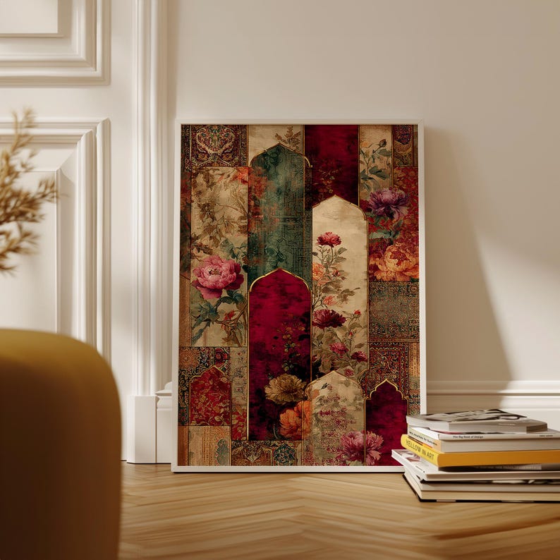 Persian Floral Arch Pattern in Red and Gold Tones, Persian Wall Decor ...