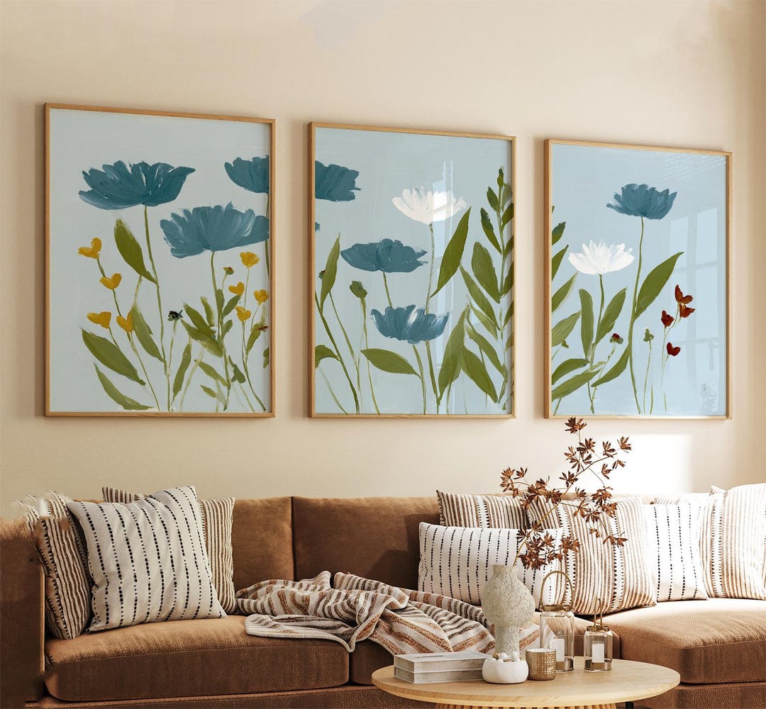 Wildflower Botanical Poster Set | Painted Floral Stems | Soft Blue ...