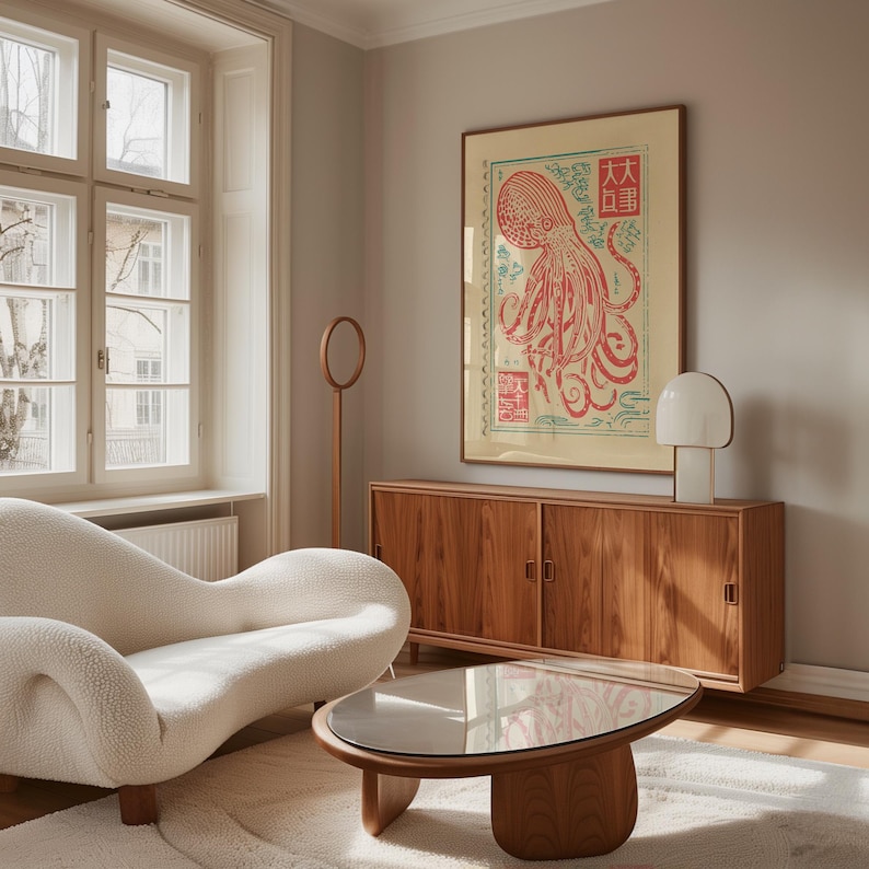 Red Octopus Poster | Japanese Folk Linocut Illustration | Marine Wall ...