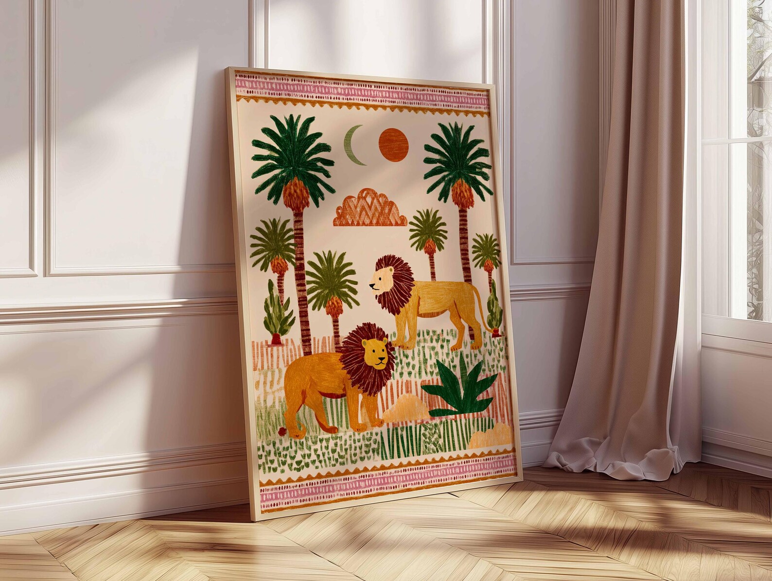 Folk Art Lion Jungle Poster, Safari Animal Wall Art, Boho Tropical ...