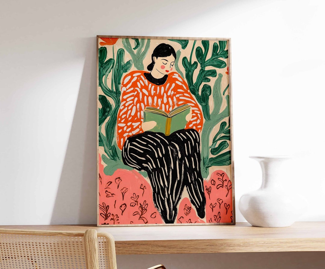 Book Art, Reading Poster, Retro Poster, Woman Print, Library Art ...