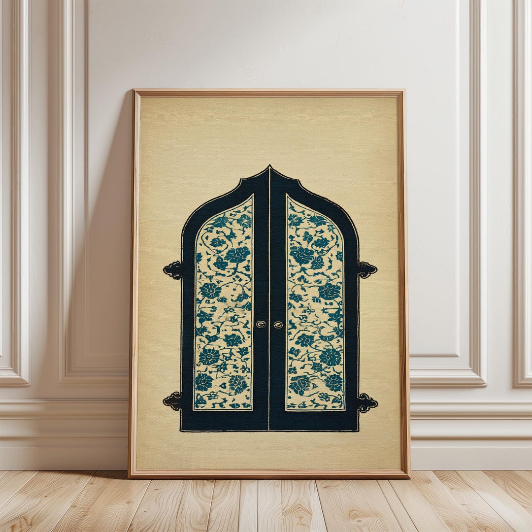 Blue Floral Door Poster | Vintage Decorative Panel Art | Symmetrical ...
