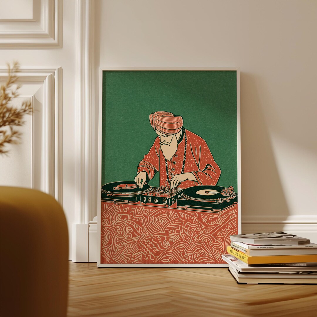 Sikh DJ Woodcut-style Poster Woodcut Style Red Green Illustration - Etsy
