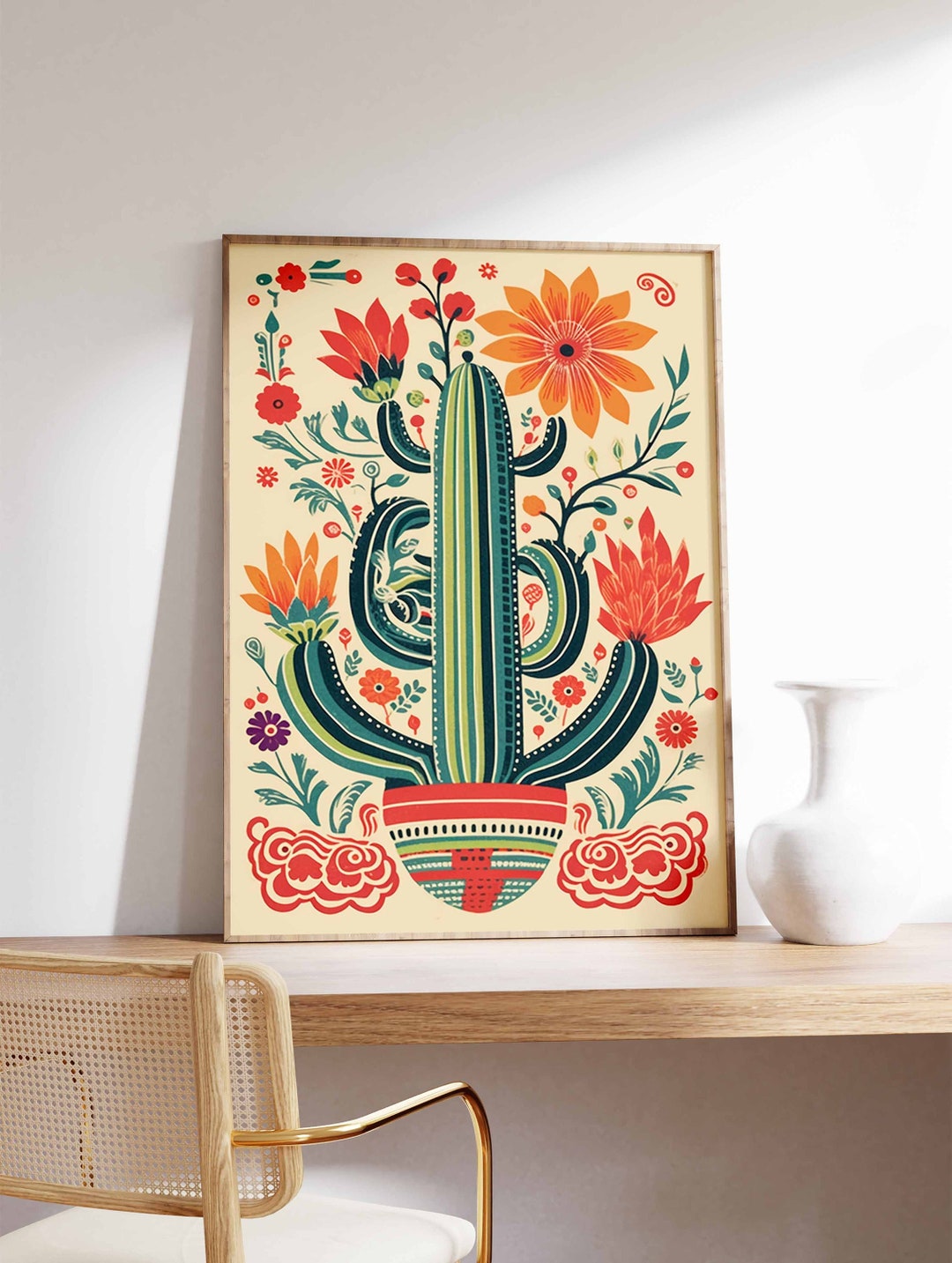Vintage Mexican Cactus Poster, Colourful Mexican Art Print, Traditional ...