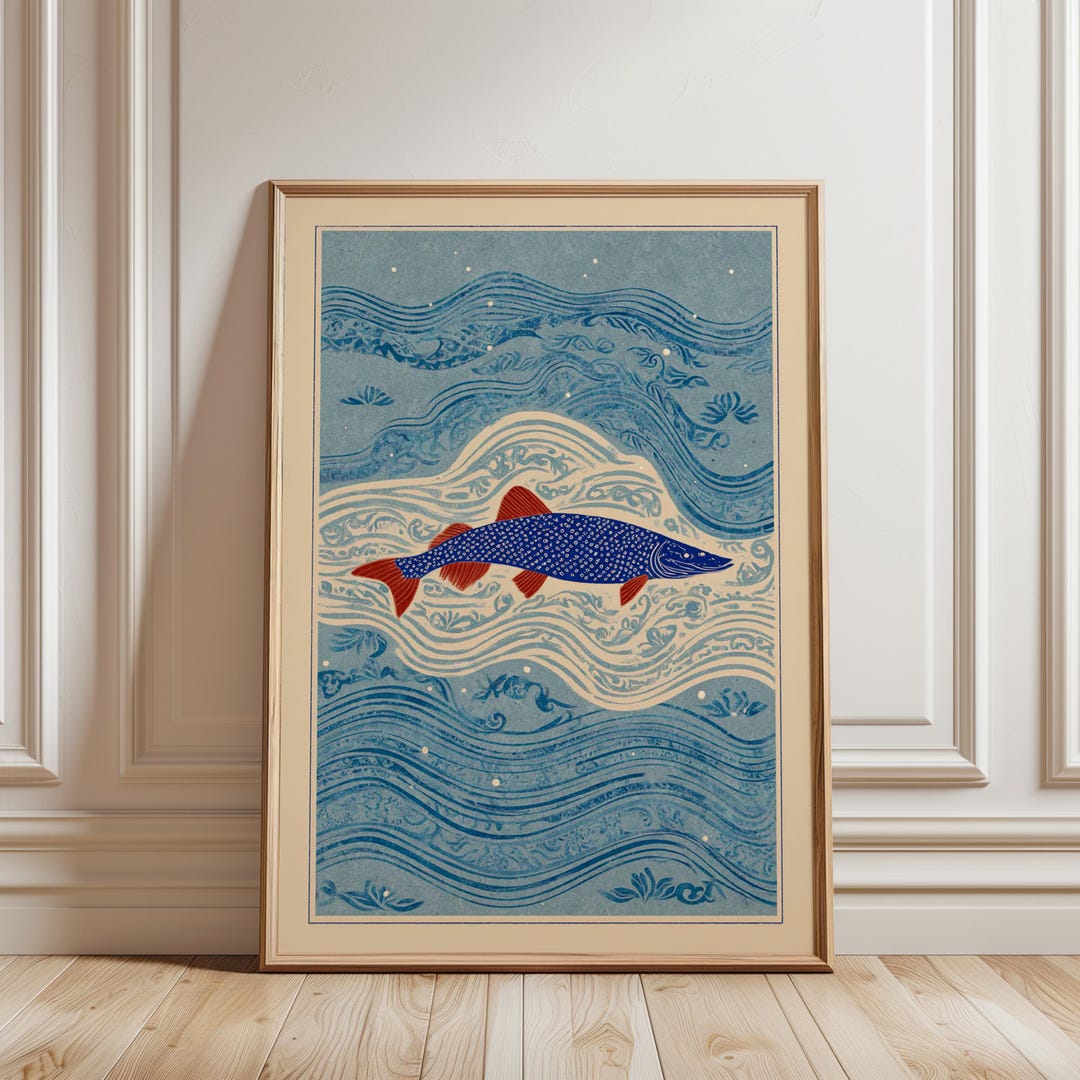 Japanese Pike Poster, Blue Woodblock Style With Flowing Water - Etsy