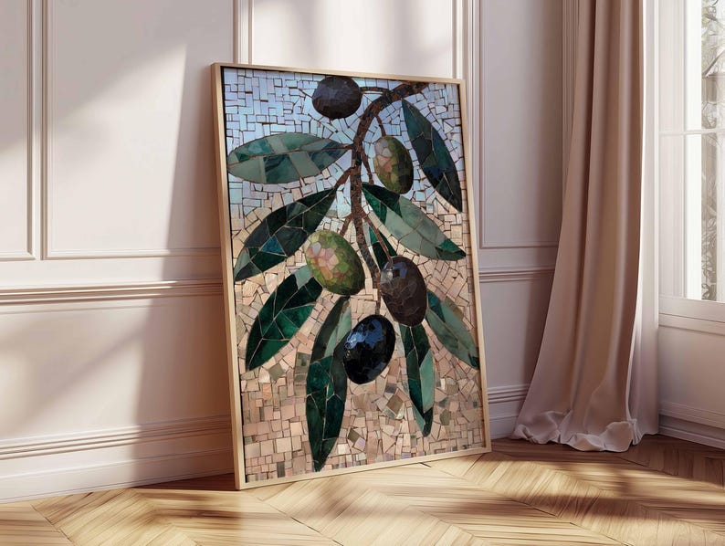 Olive Branch Mosaic Art Print | Mediterranean Wall Art | Rustic Kitchen ...