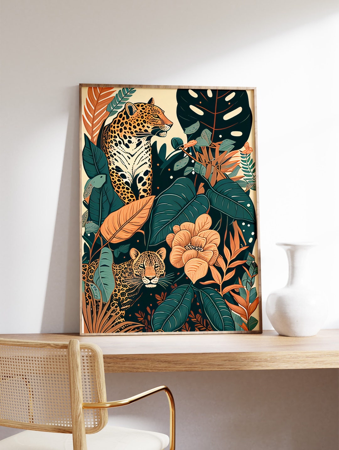 Vintage Boho Leopard Print, Floral Jungle Poster, Big Cat Decor, Animal ...