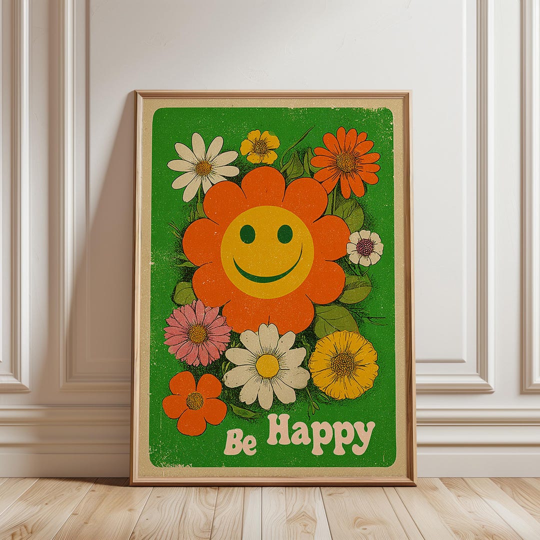Retro Smiley Flower Poster, 70s-style Illustration - Etsy