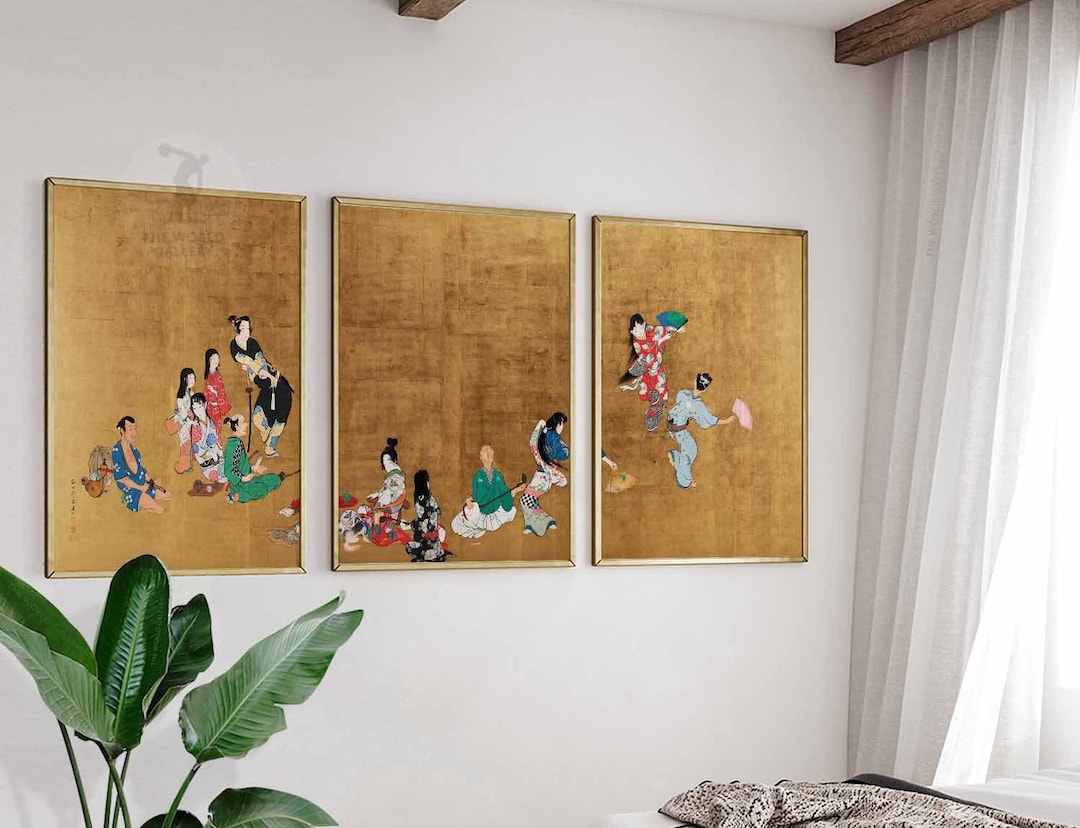 Japanese Set of 3 Golden Posters, Asian Japanese Art Prints, Katsushika ...