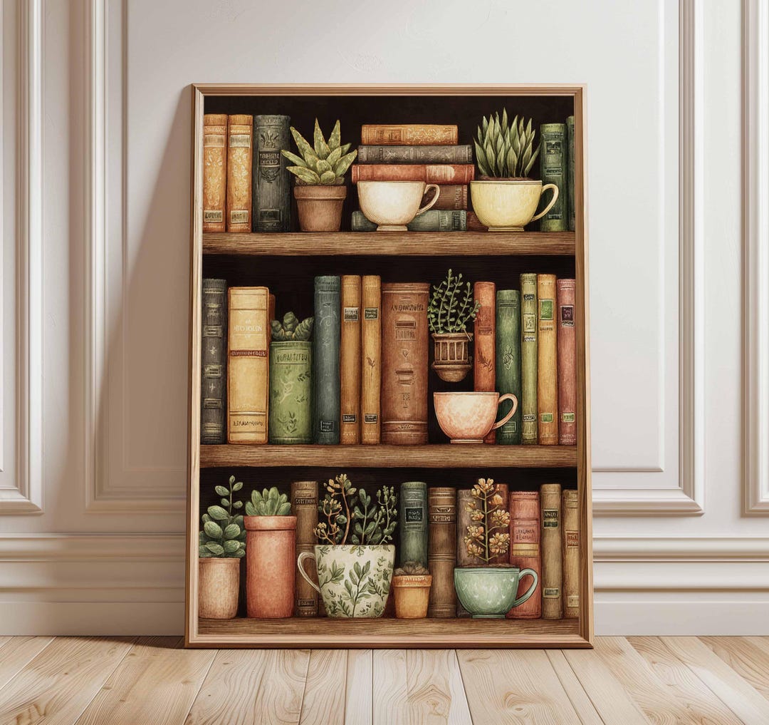Vintage Bookshelf Poster, Cozy Bookshelf Wall Art, Botanical Book Print ...