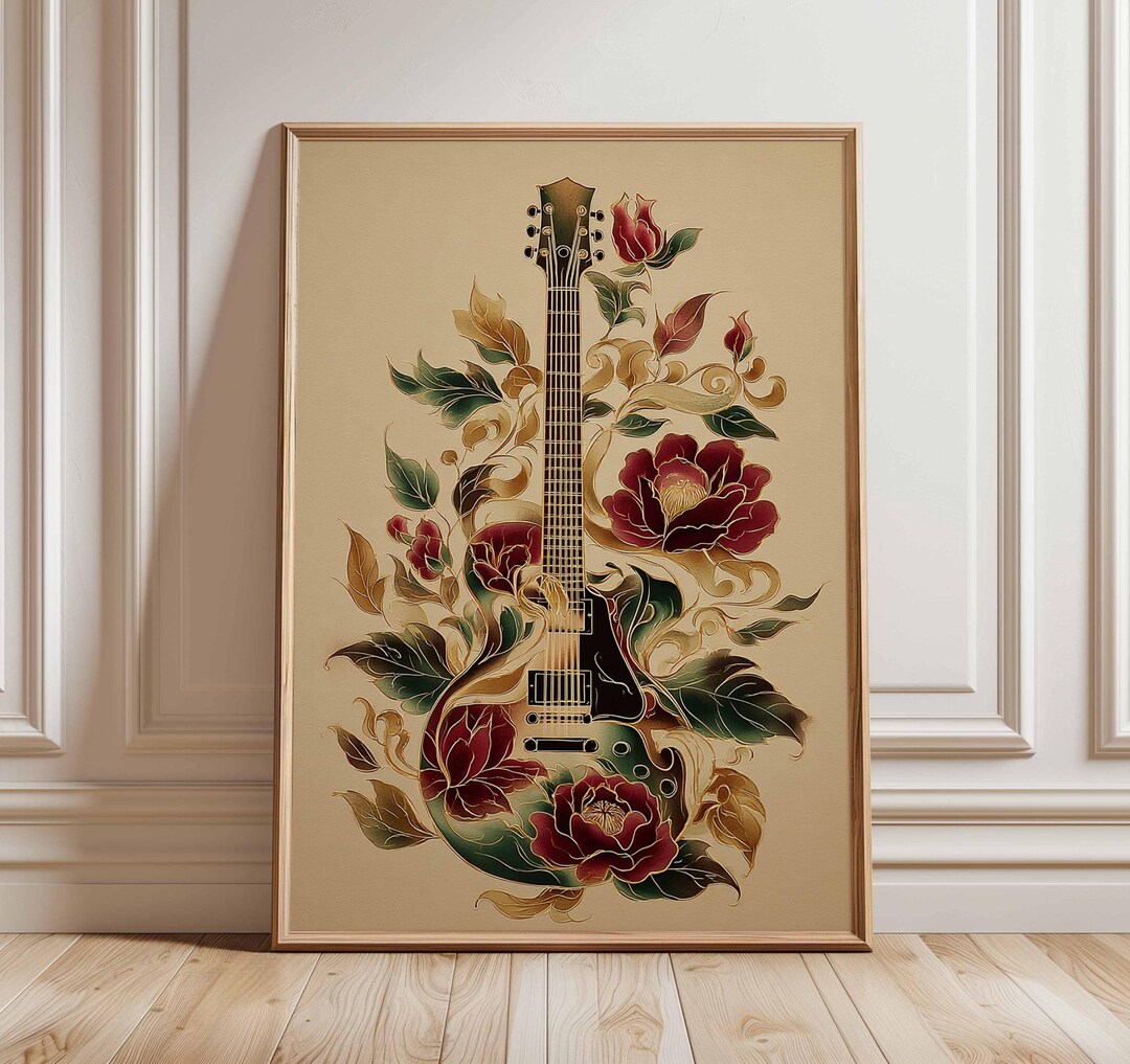Floral Guitar Art Print | Boho Music Wall Art | Vintage Botanical ...