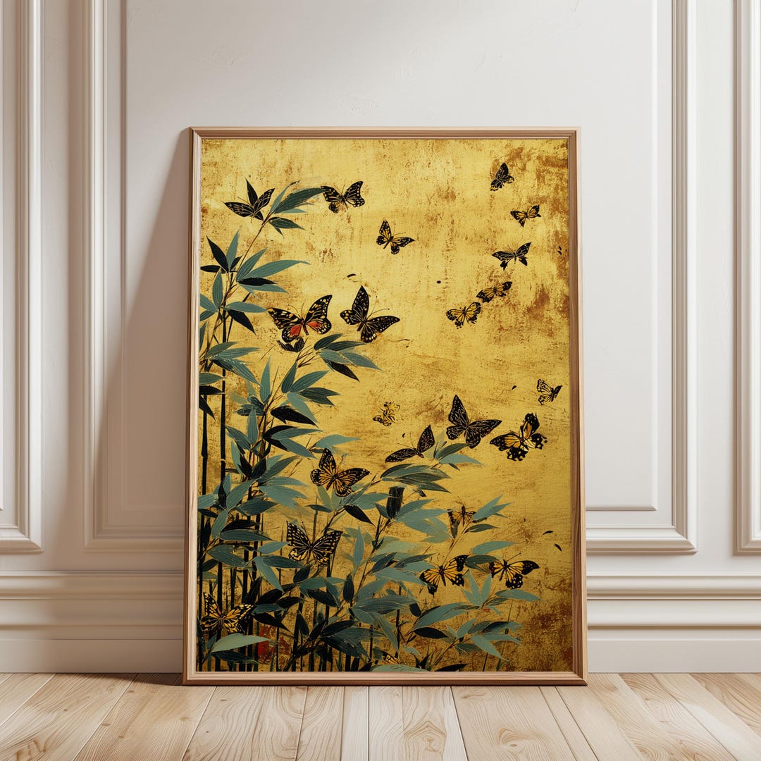 Butterfly Poster, Golden Monarch Illustration With Bamboo, Asian ...