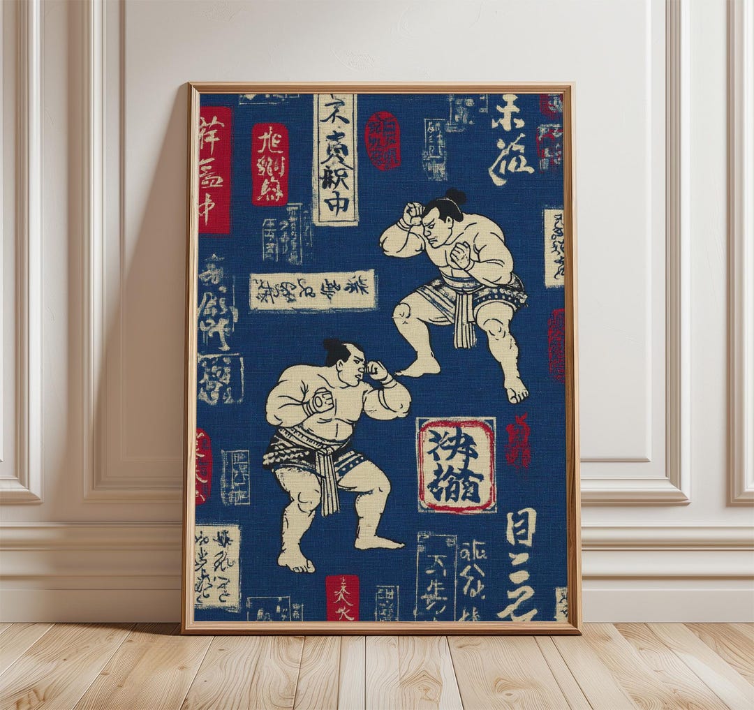 Sumo Wrestlers Japanese Art Print, Indigo Textile Poster, Traditional ...