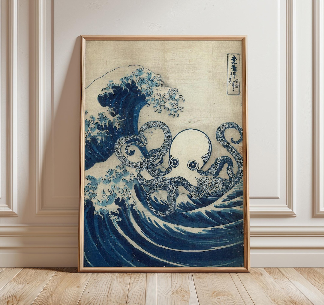 Japanese Octopus Wave Poster, Ukiyo-e Style Wall Art, Blue Sea Print ...