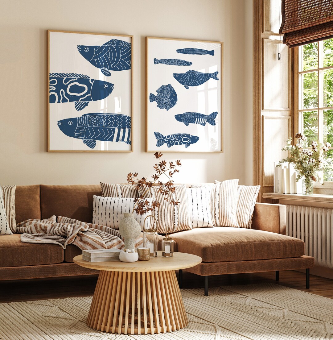 Set of 2 Blue Fish Posters, Set of 2 Fish Prints, Sea Life Art, Ocean ...