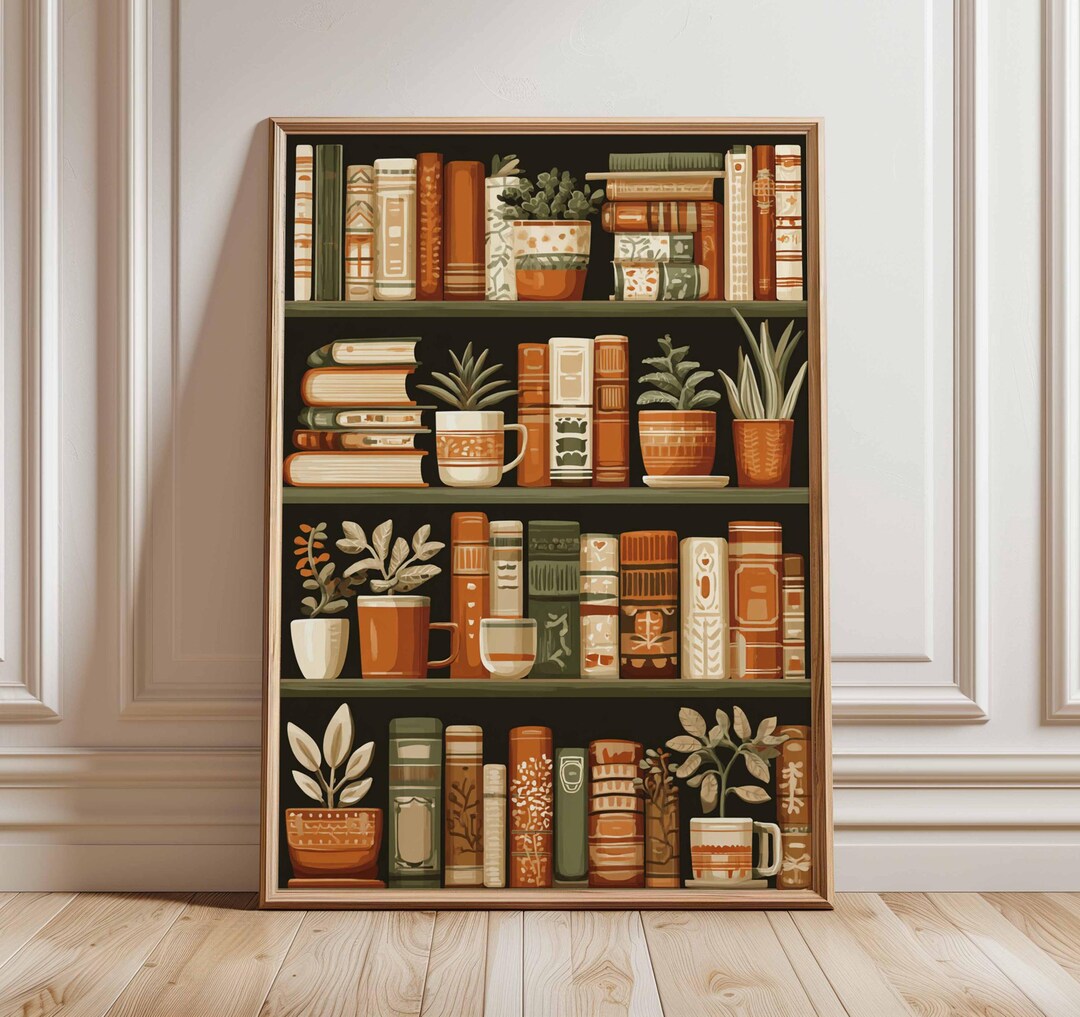 Botanical Bookshelf Poster, Cozy Vintage Book Print - Etsy