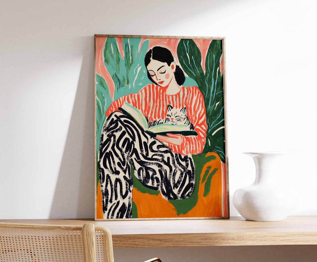 Book Art, Cat Poster, Reading Poster, Retro Poster, Woman Print ...