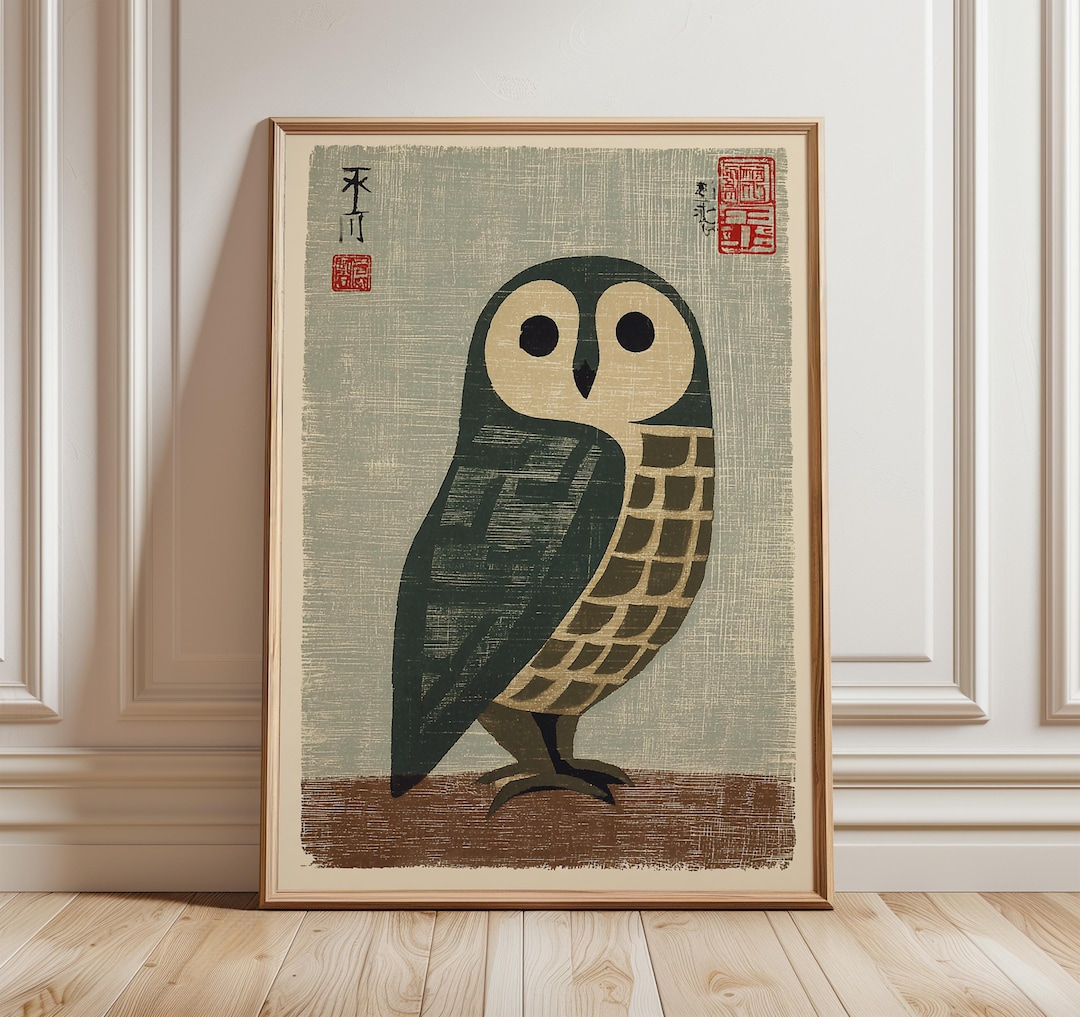 Japanese Owl Art Print, Vintage Woodblock Style, Mid Century Animal ...