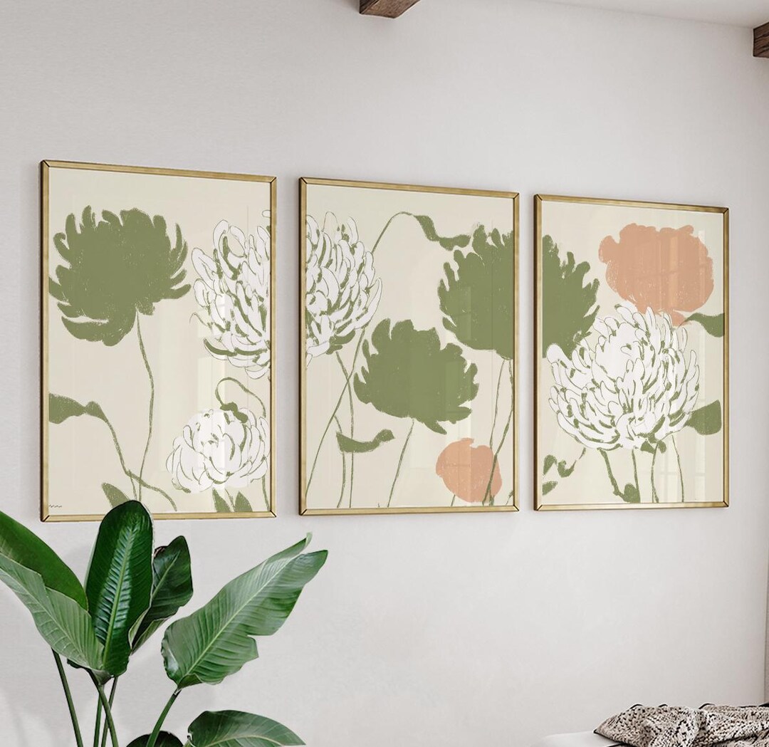 Botanical Flower Wall Art Posters | Neutral Green Floral Illustration ...