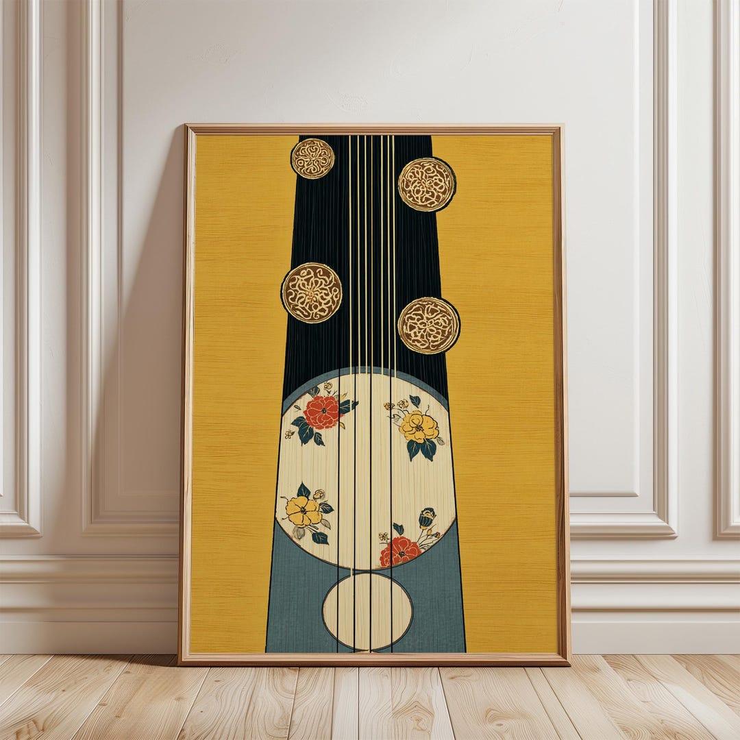 Japanese String Instrument Poster | Gold Black Floral Design | Asian ...