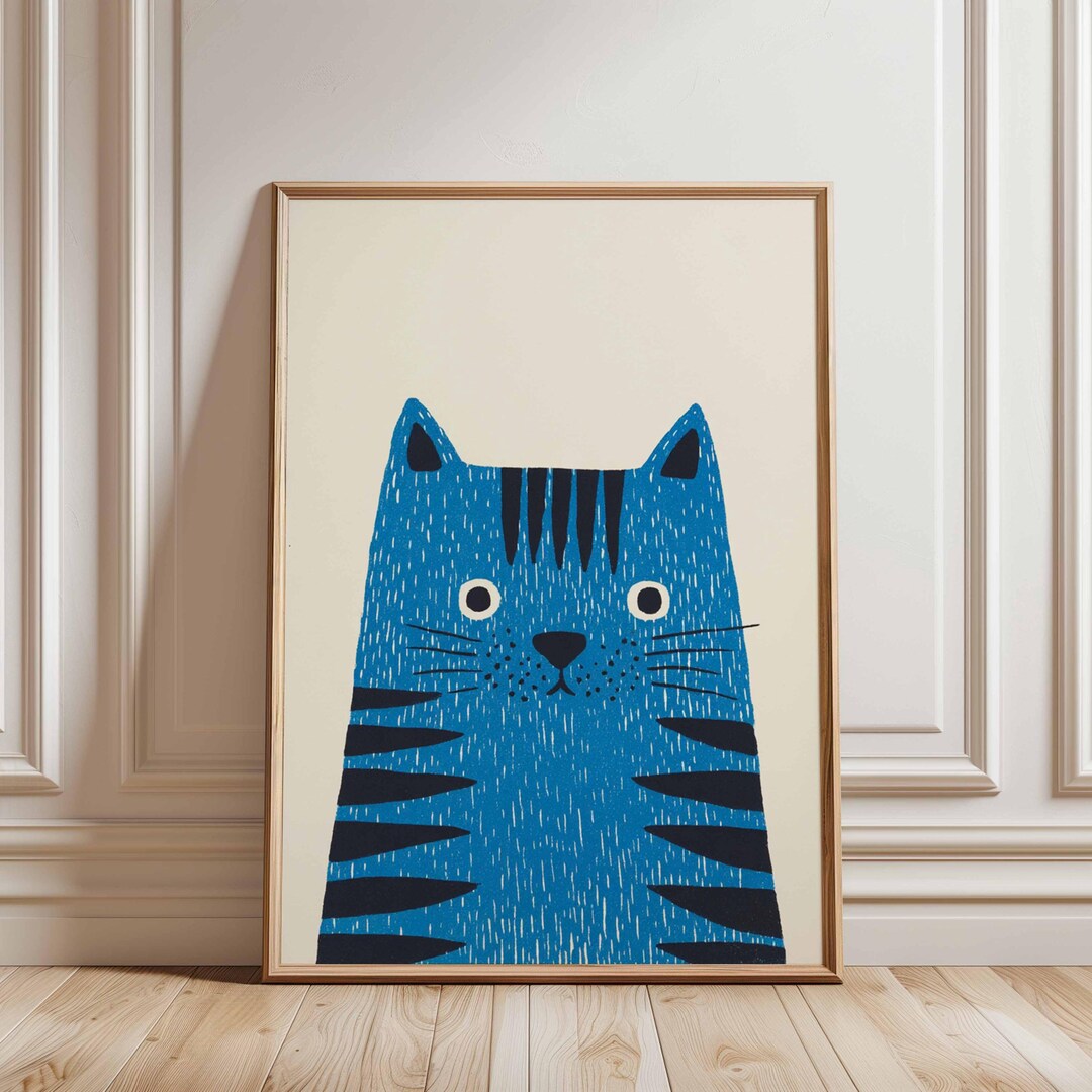 Blue Striped Cat Poster | Minimalist Animal Art Print | Modern Nursery ...