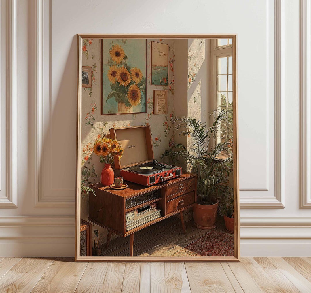 Vintage Record Player Art Print | Retro Home Decor Poster | Sunflower ...