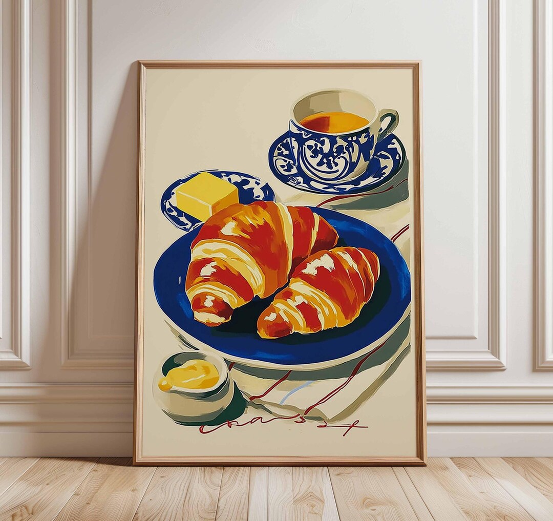 French Breakfast Wall Art Print, Croissant and Tea Poster, Vintage ...