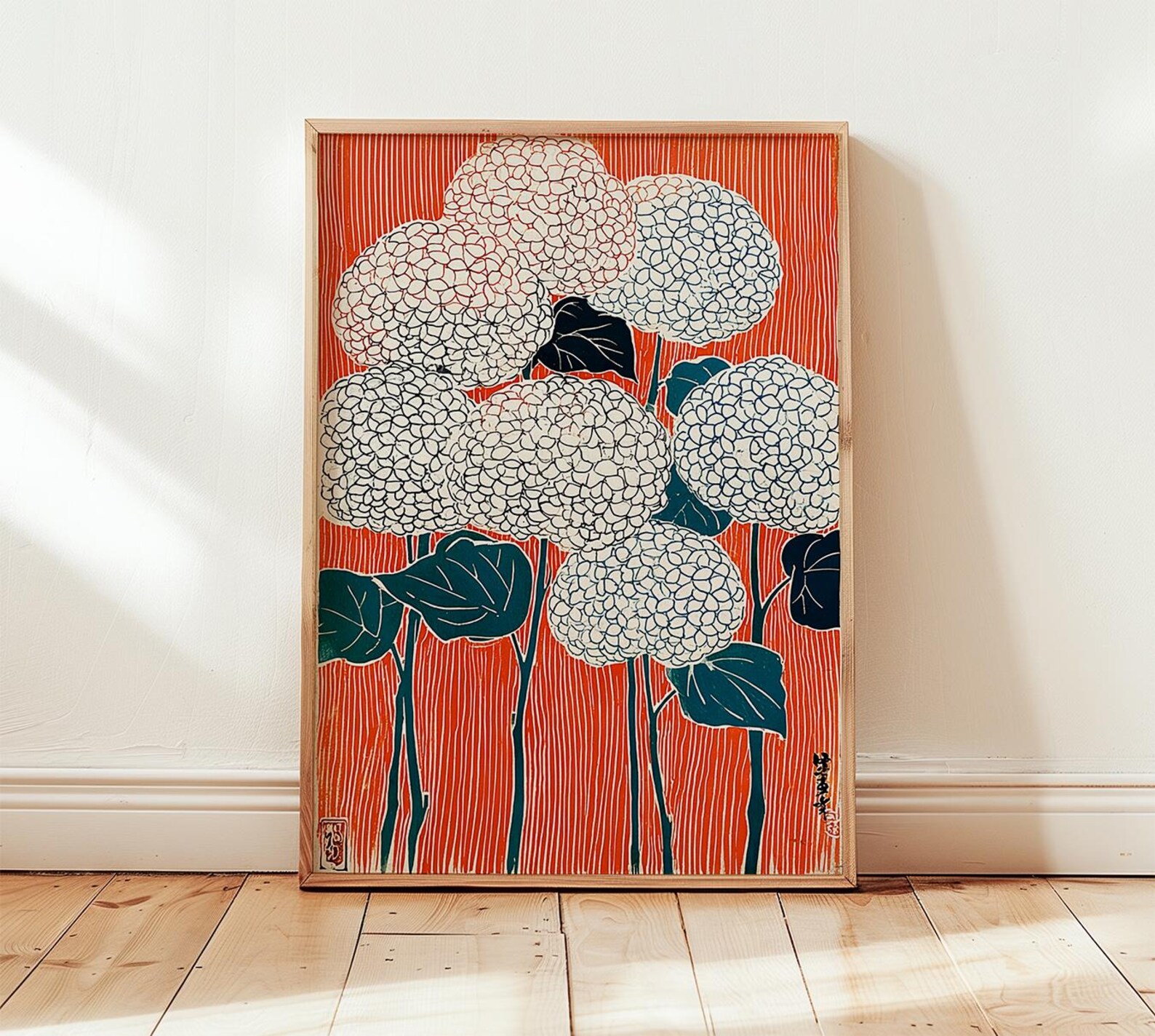 Japanese Hydrangea Poster, Modern Floral Wall Art, Red and White ...