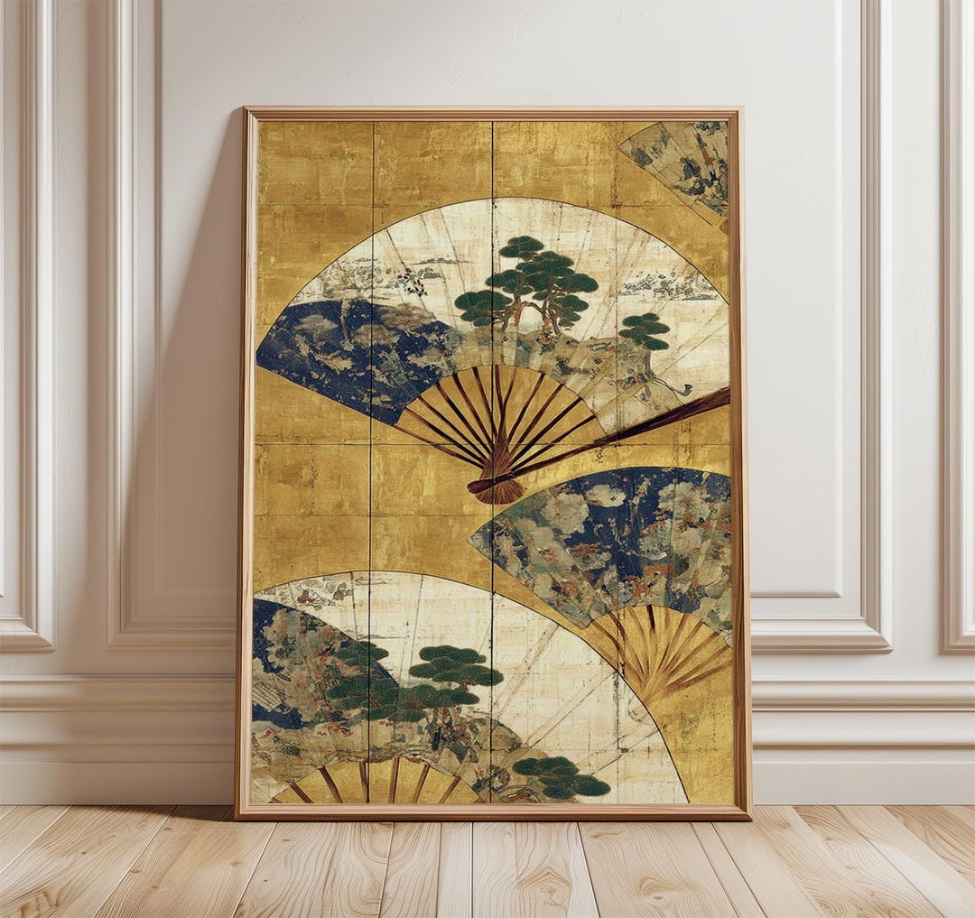 Japanese Folding Fan Art, Gold Leaf Screen Poster, Antique Oriental ...