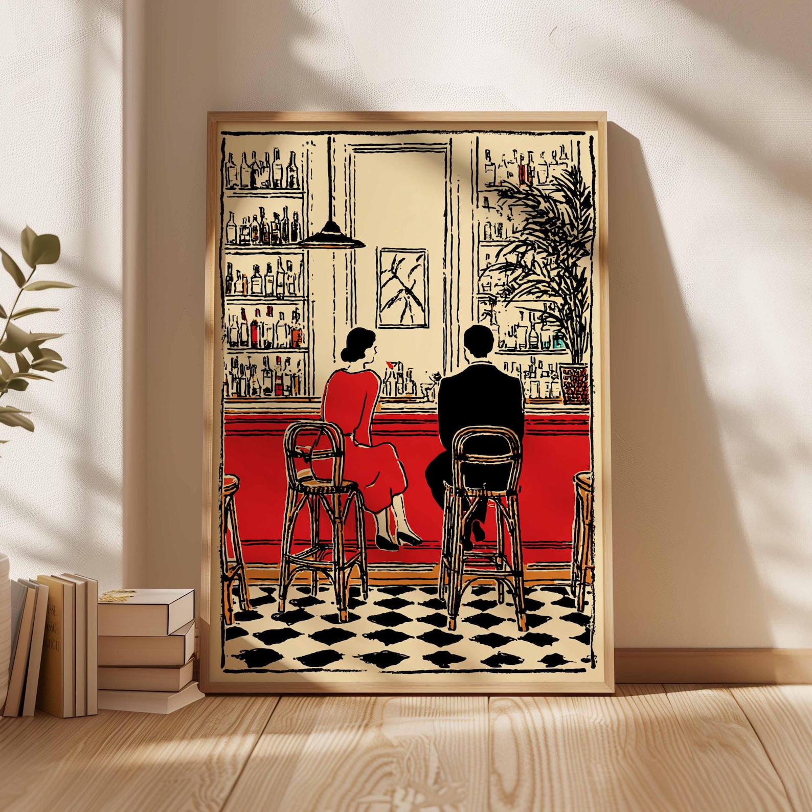 Romantic Bar Scene Art Print, Vintage Couple Poster, Retro Cocktail Bar ...