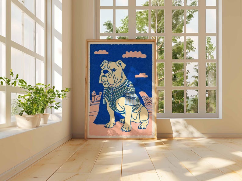 Medieval Bulldog Wall Art Print – Bold Blue and Pink Dog Illustration ...