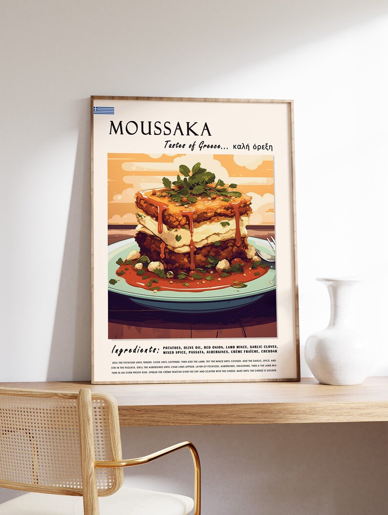 Moussaka Food Poster, Greek Food Print, Kitchen Decor, Food and Drink ...