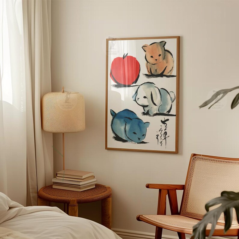 Bunny Bear Apple Nursery Print | Hand-painted Animal Illustration, Kids ...