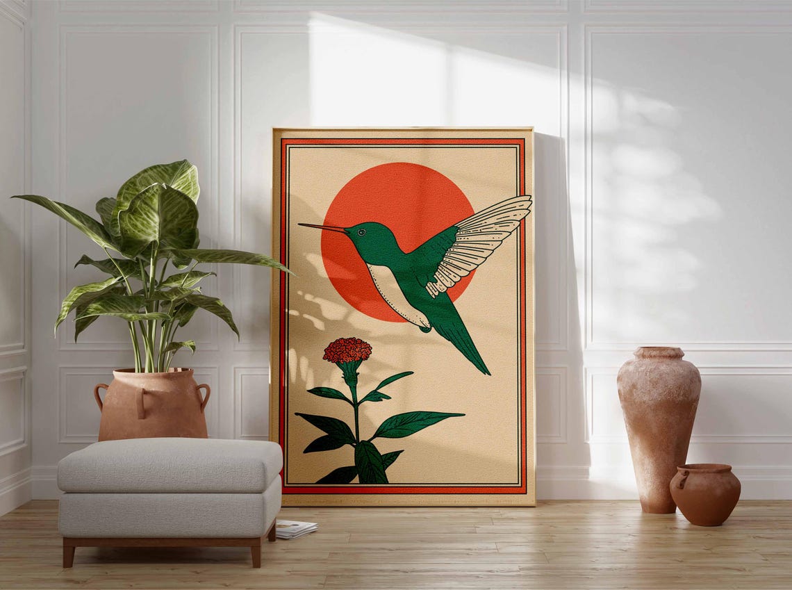 Sun and Moon Hummingbird Poster, Boho Print, Mystical Wall Art, Vintage ...