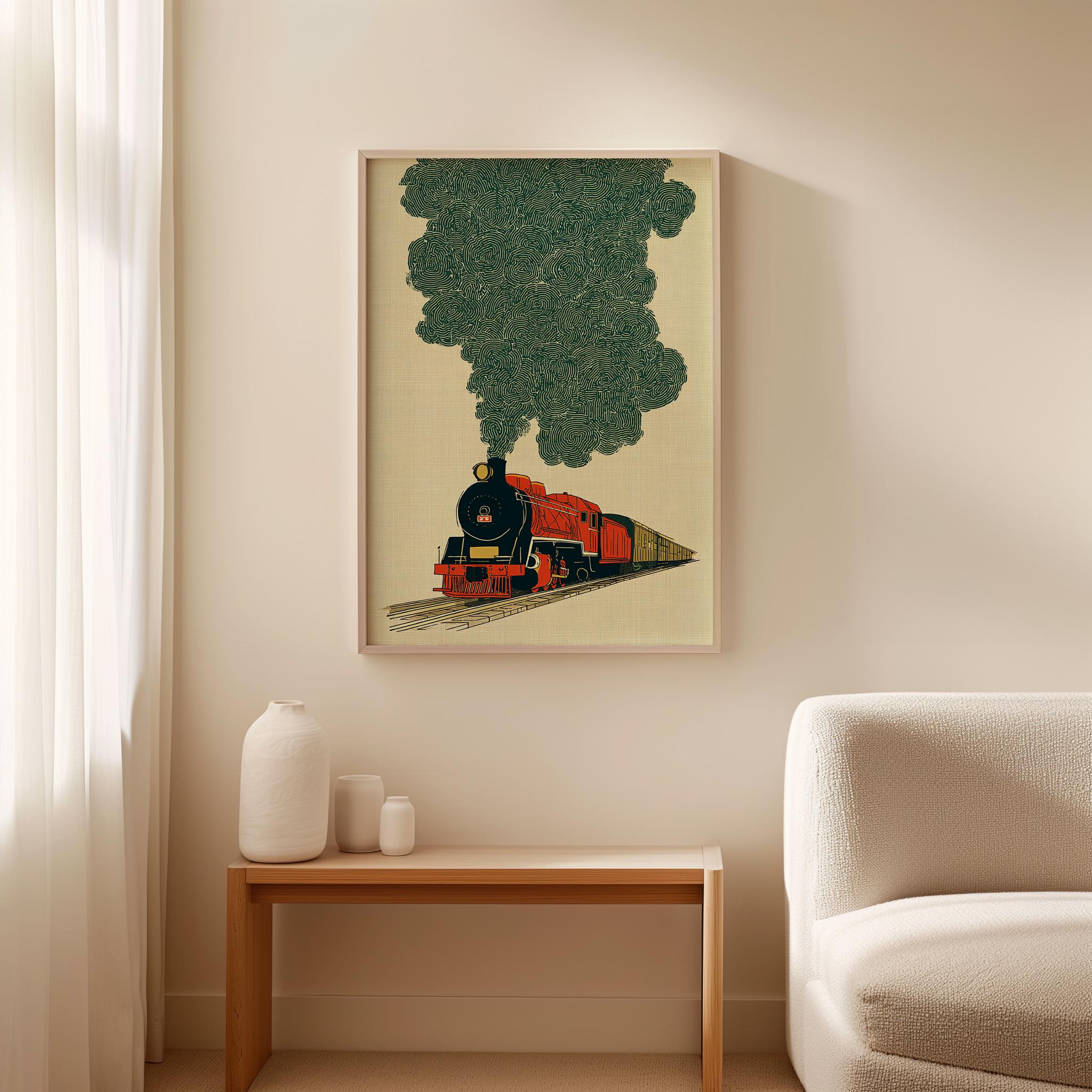 Landscape Train Print in Lino Style Green Red Illustration - Etsy