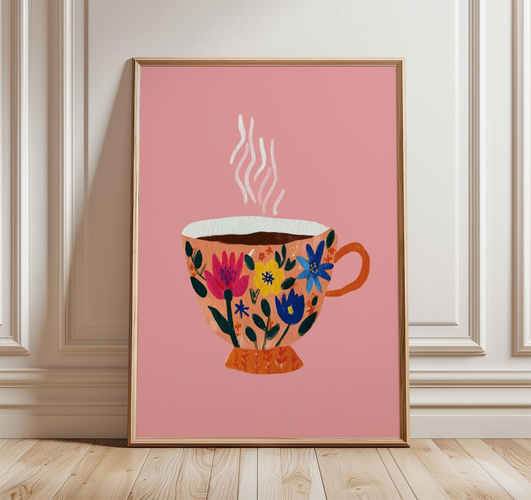 Floral Teacup Poster, Pink Kitchen Wall Art, Colorful Modern Tea Print ...