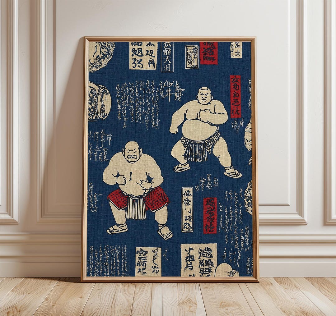 Sumo Wrestlers Japanese Art Print, Indigo Textile Poster, Traditional ...