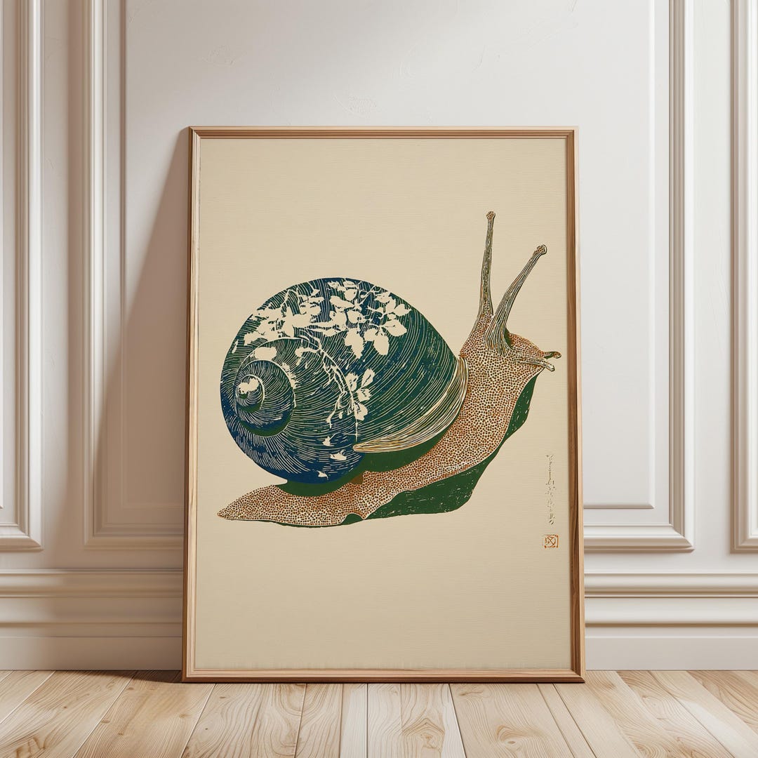 Snail Woodcut-style Poster in Green and Rust Tones - Etsy