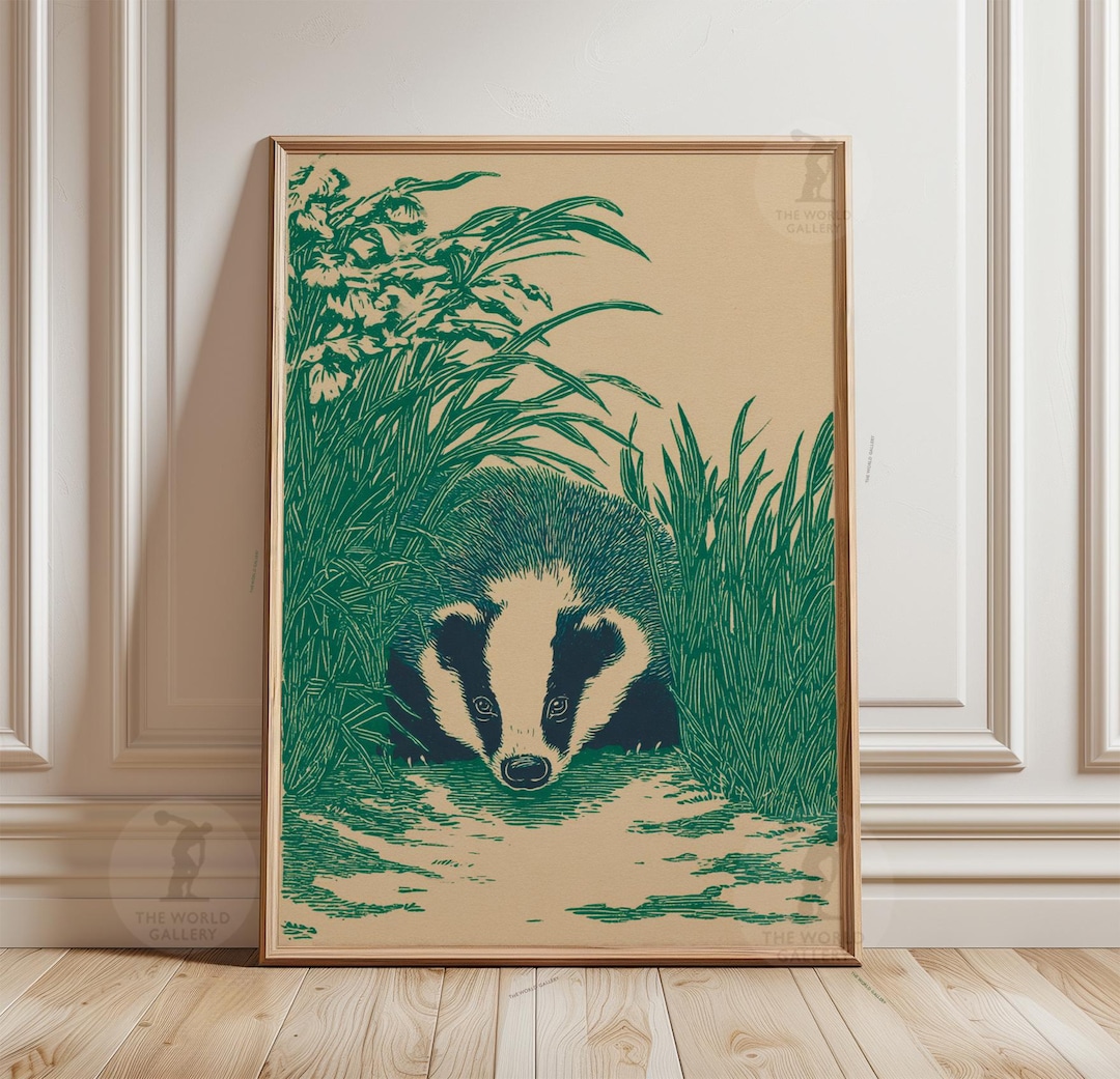 Badger Woodland Poster | Green Linocut Style Animal Print | Nature Wall ...