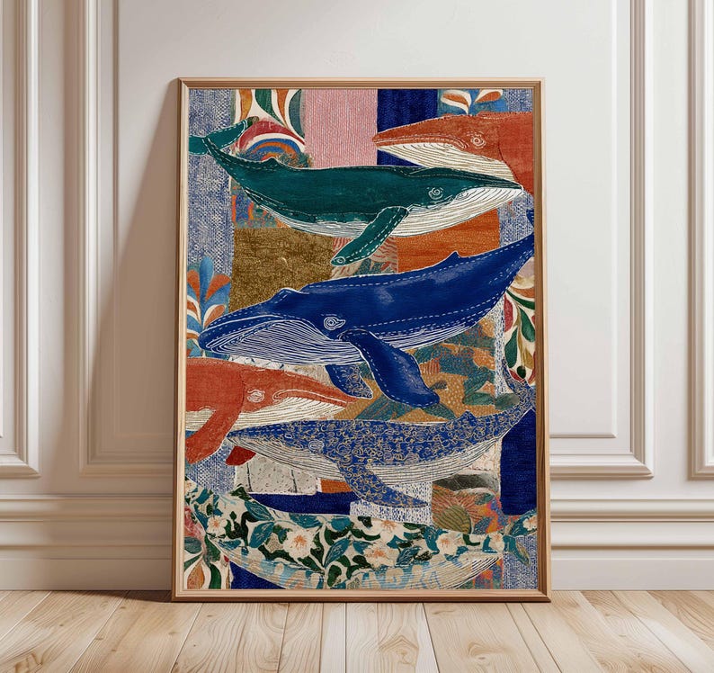 Whale Art Print, Ocean Collage Poster, Nautical Wall Art, Coastal ...