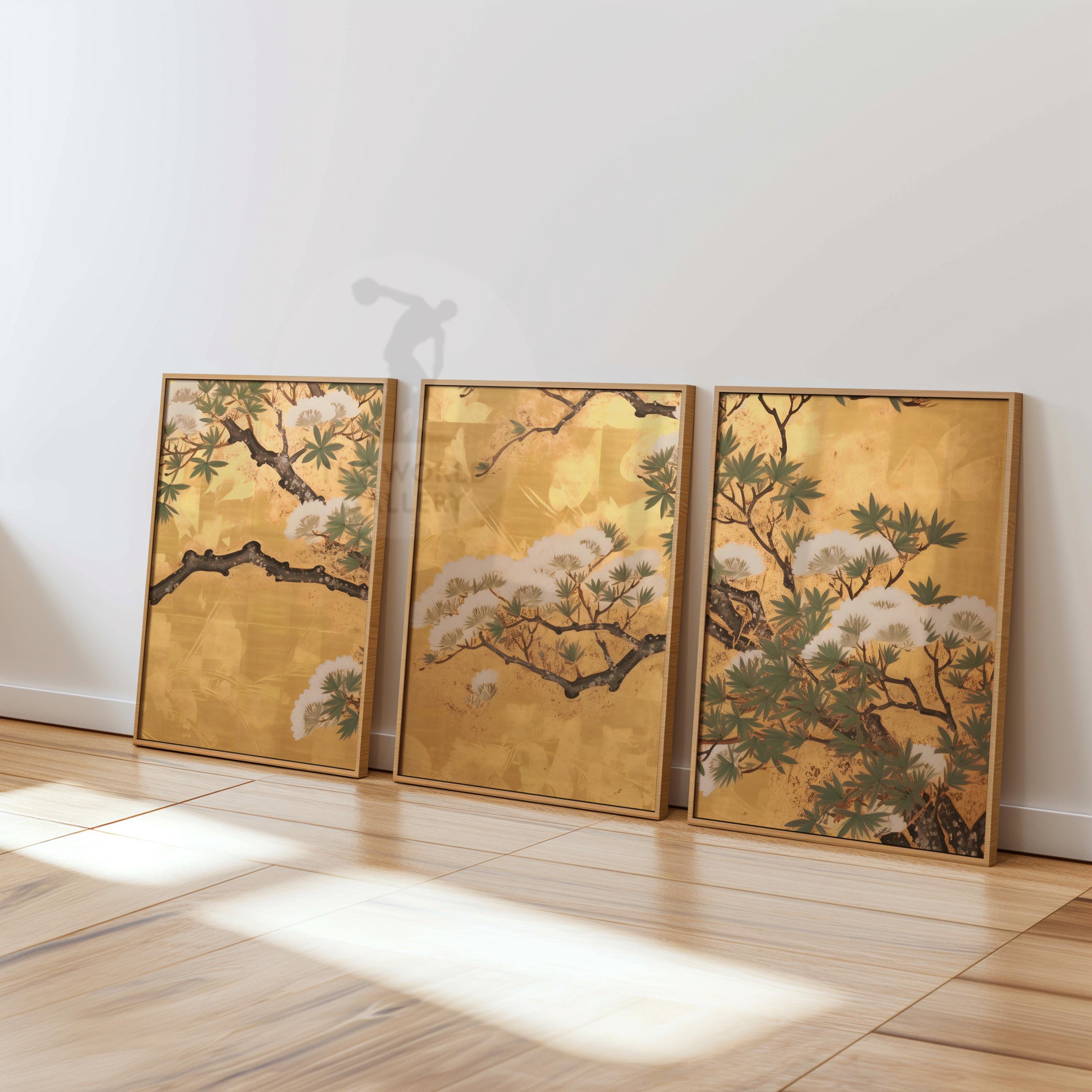 Japanese Set of 3 Floral Posters, Asian Japanese Art Prints, Golden ...