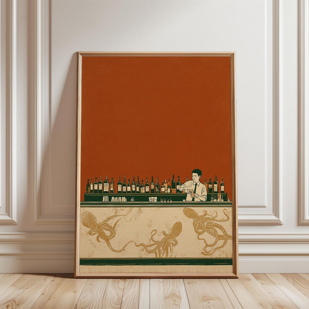 Octopus Bar Counter Poster, Minimal Line Art Bartender Illustration - Etsy