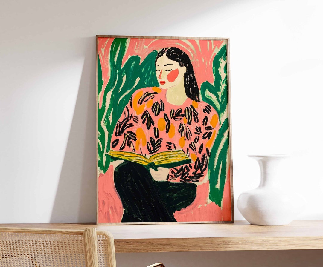 Book Art, Reading Poster, Retro Poster, Woman Print, Library Art ...