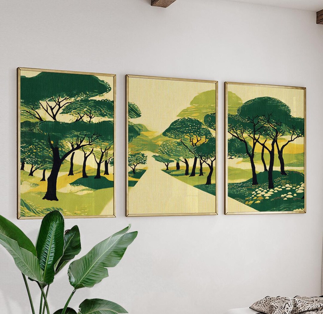 Tree Lined Woodland Path Posters | Green Nature Triptych Wall Art | Set ...