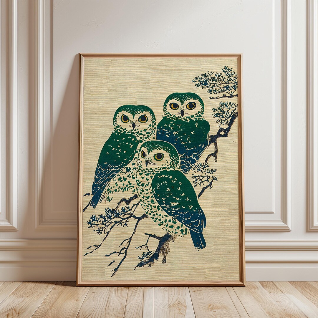 Green Cream Owl Poster | Japanese Style Bird Illustration | Nature Wall ...
