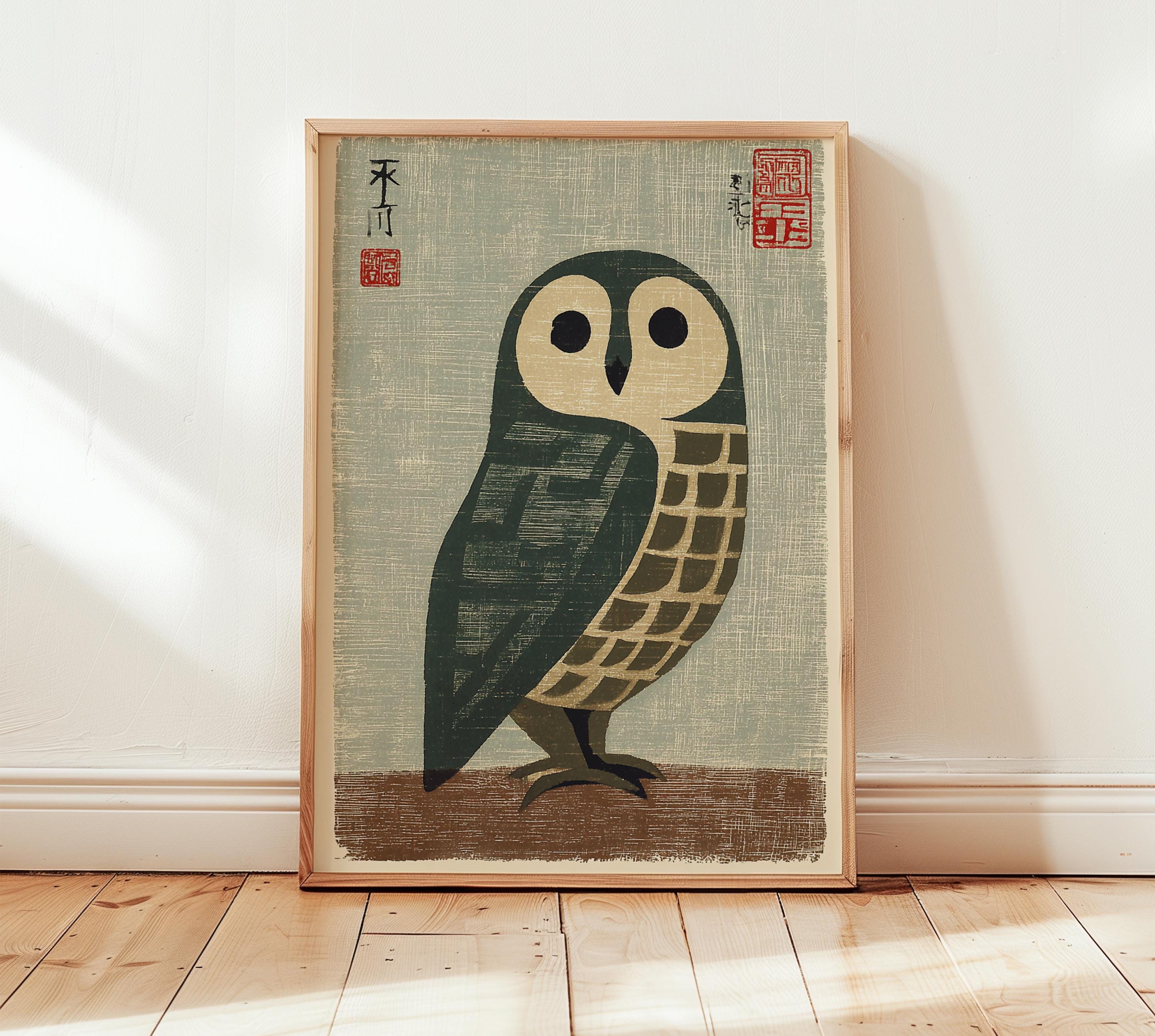 Japanese Owl Art Print, Vintage Woodblock Style, Mid Century Animal ...