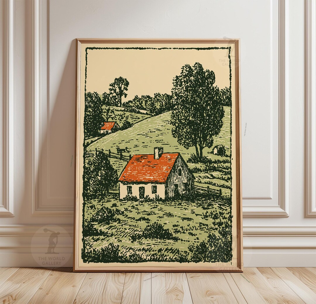 Farmhouse Hills Poster | Red Roof Cottage Landscape Print | Rustic ...
