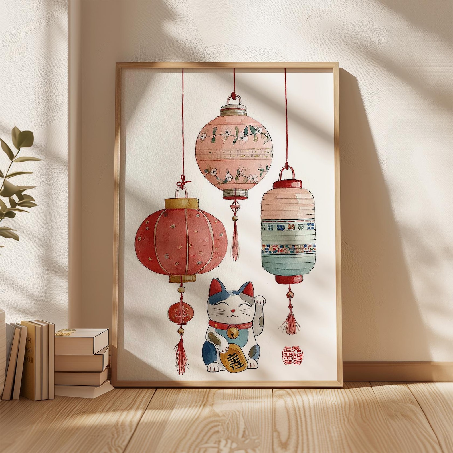 Chinese Lanterns Wall Art, Lucky Cat Watercolor Print, Asian Festival ...